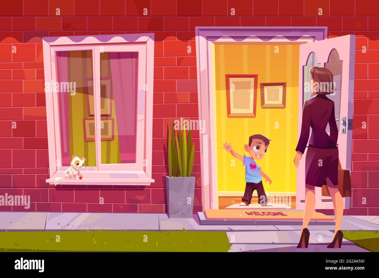 Boy greeting mother at house door. Woman coming home from work to child ...