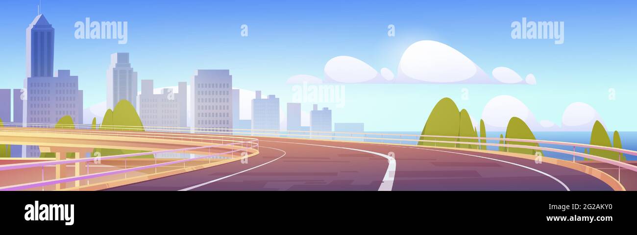 Overpass highway, empty road to city with skyscraper buildings and ...