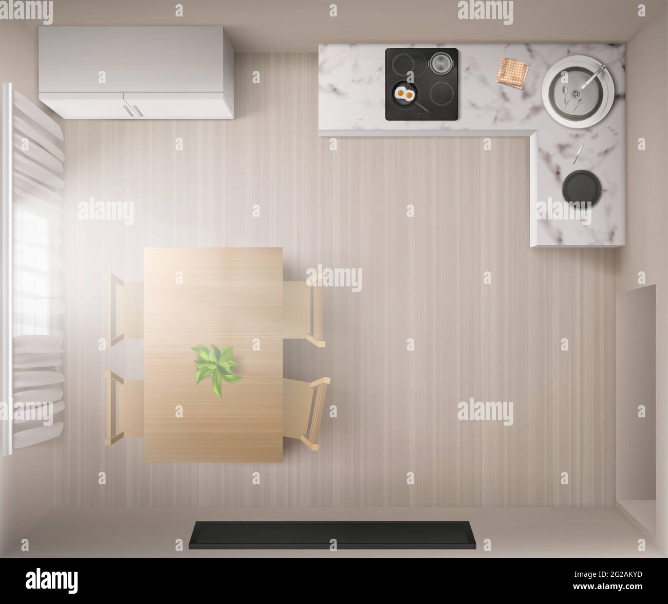 Kitchen interior with stove, dining table and fridge in top view ...