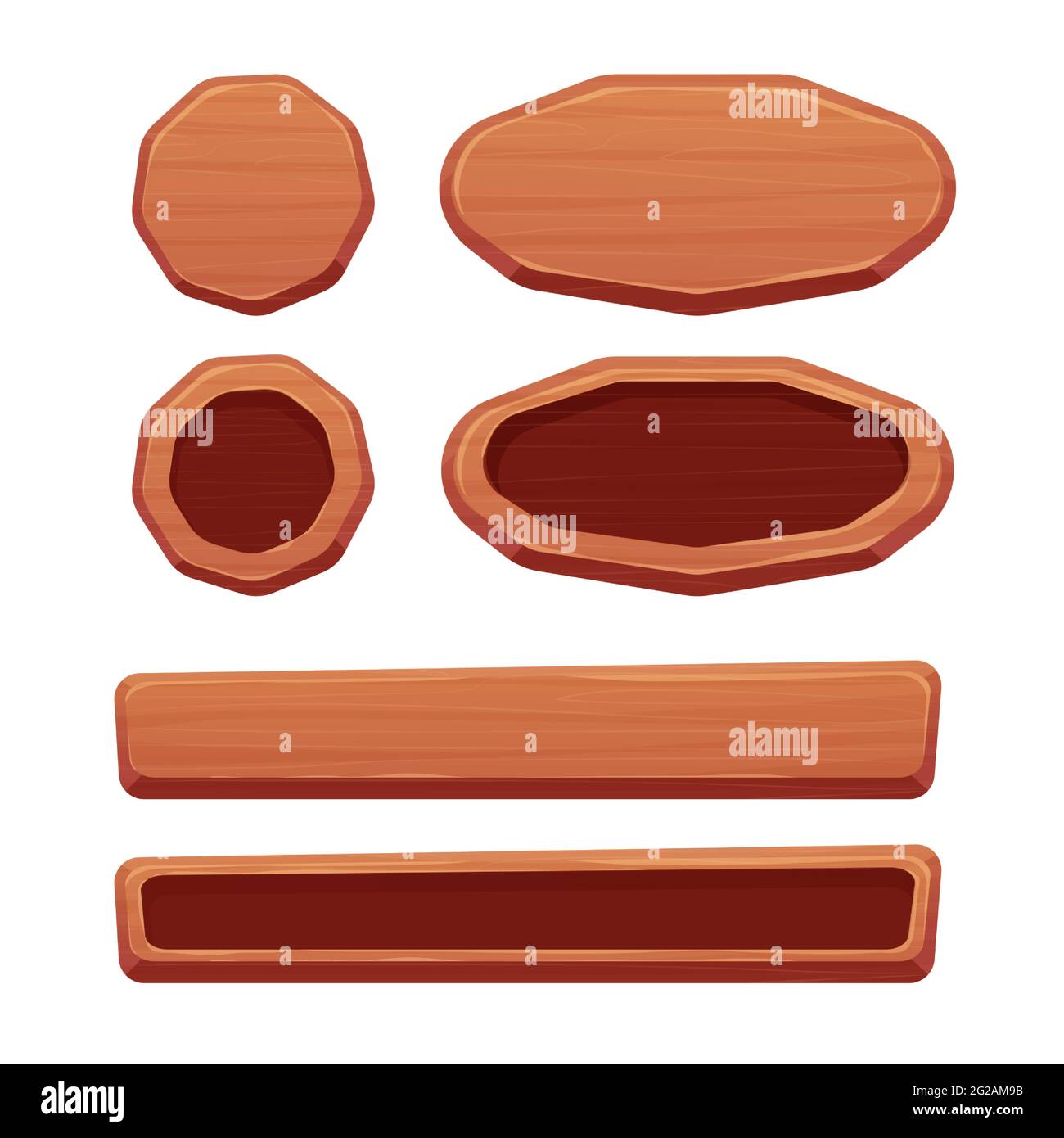 Wood button set in cartoon style with cracked details isolated on white ...