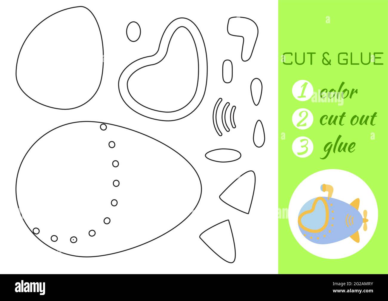 Color, cut and glue paper blue submarine. Cut and paste craft activity ...