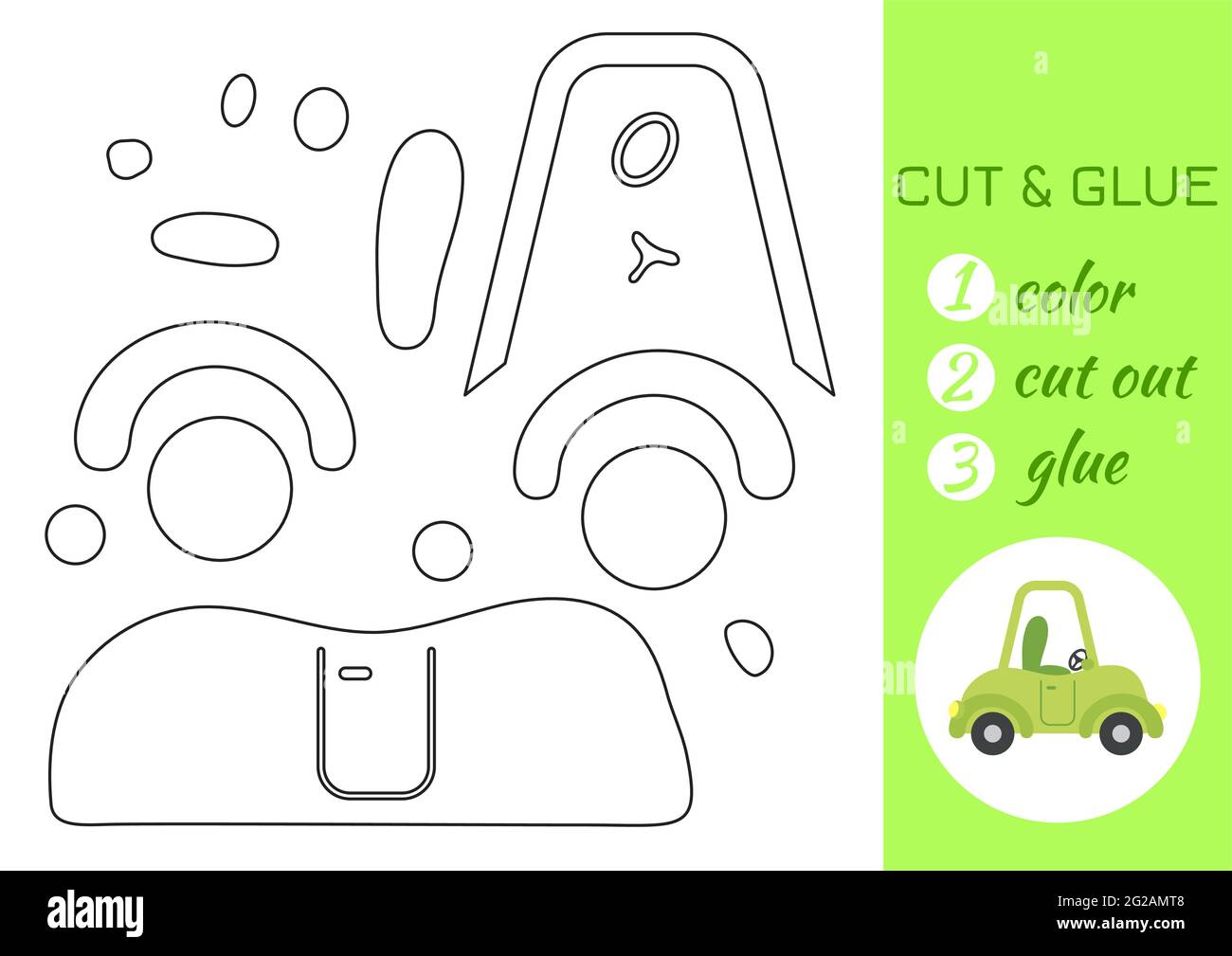 Color, cut and glue paper green car. Cut and paste craft activity page ...