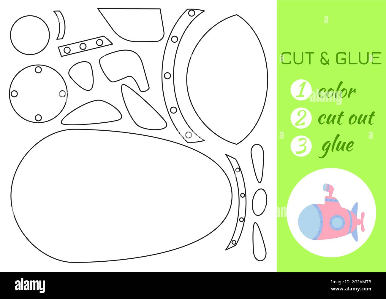 Color, cut and glue paper pink submarine. Cut and paste craft activity ...