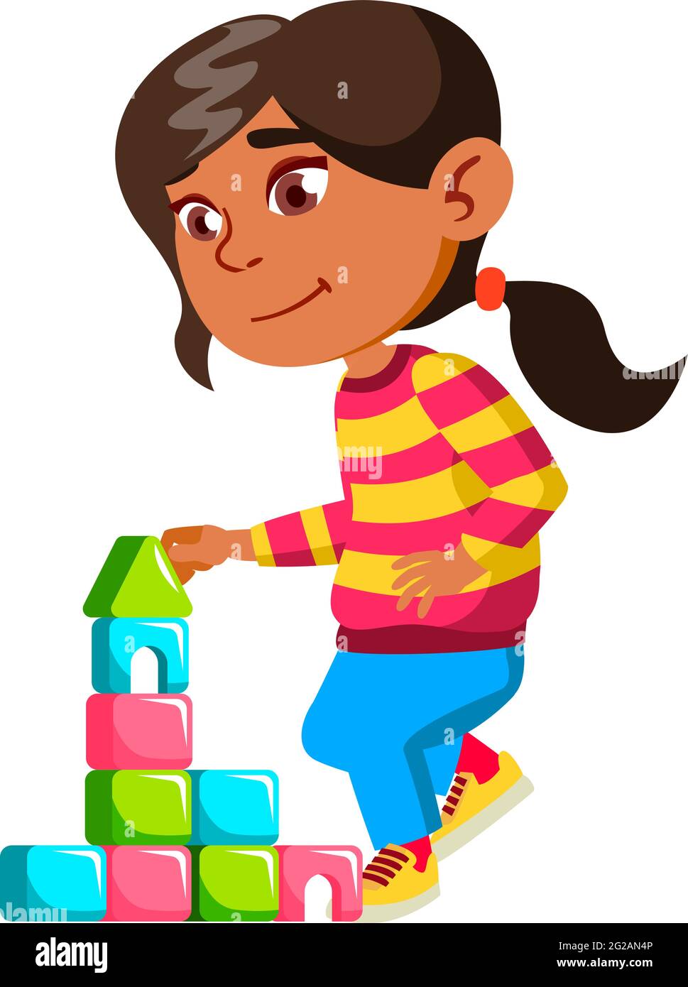 asian girl child building castle with blocks cartoon vector Stock ...