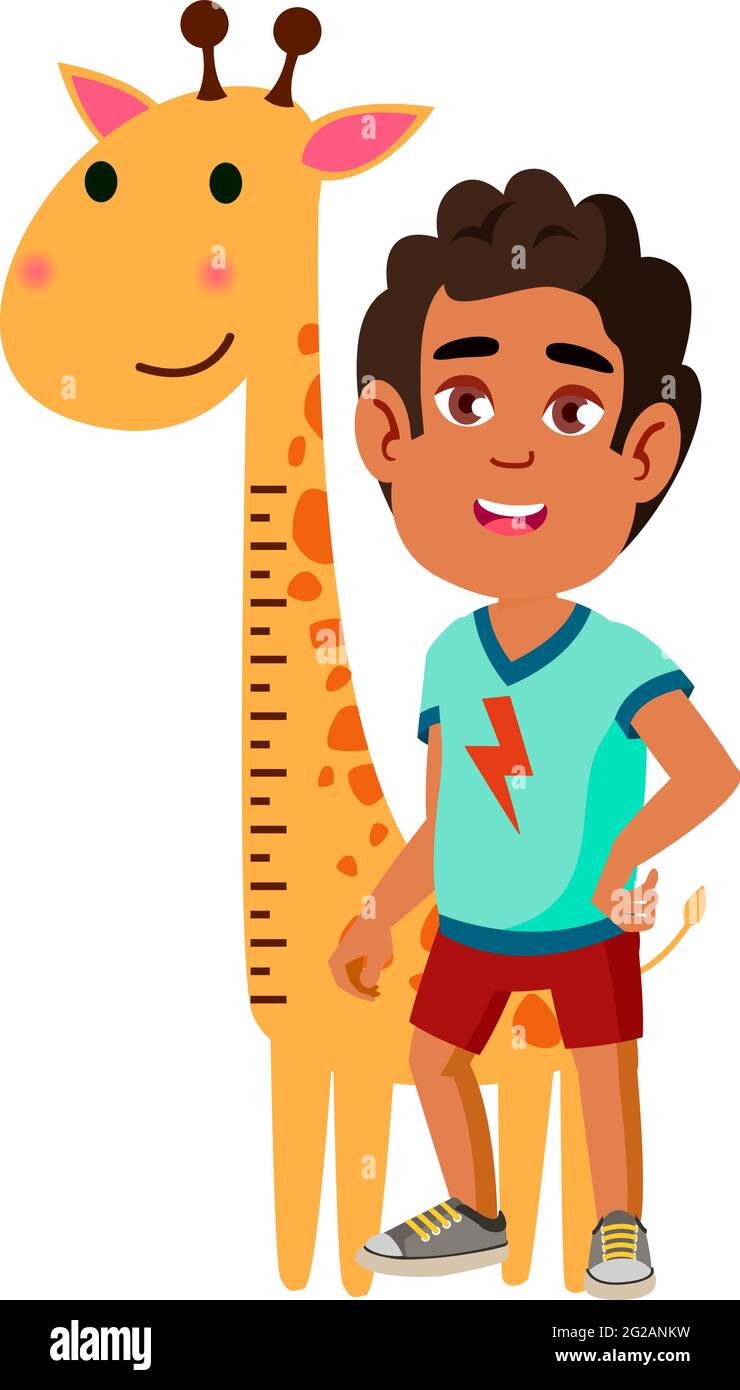 happy boy standing near height measurement scale in giraffe form ...