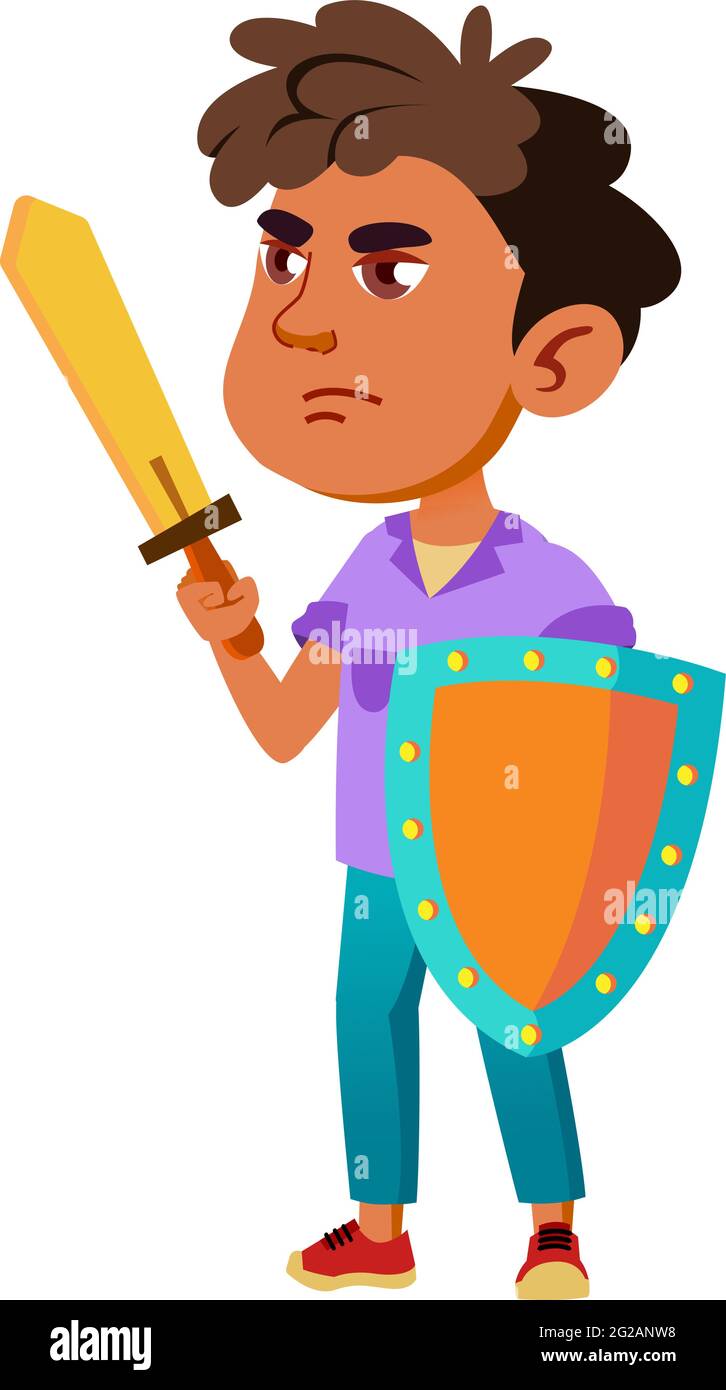 serious little boy play in knight with shield and sword cartoon vector ...