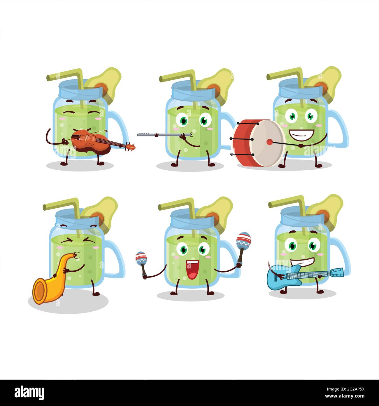 Cartoon character of avocado smoothie playing some musical instruments ...