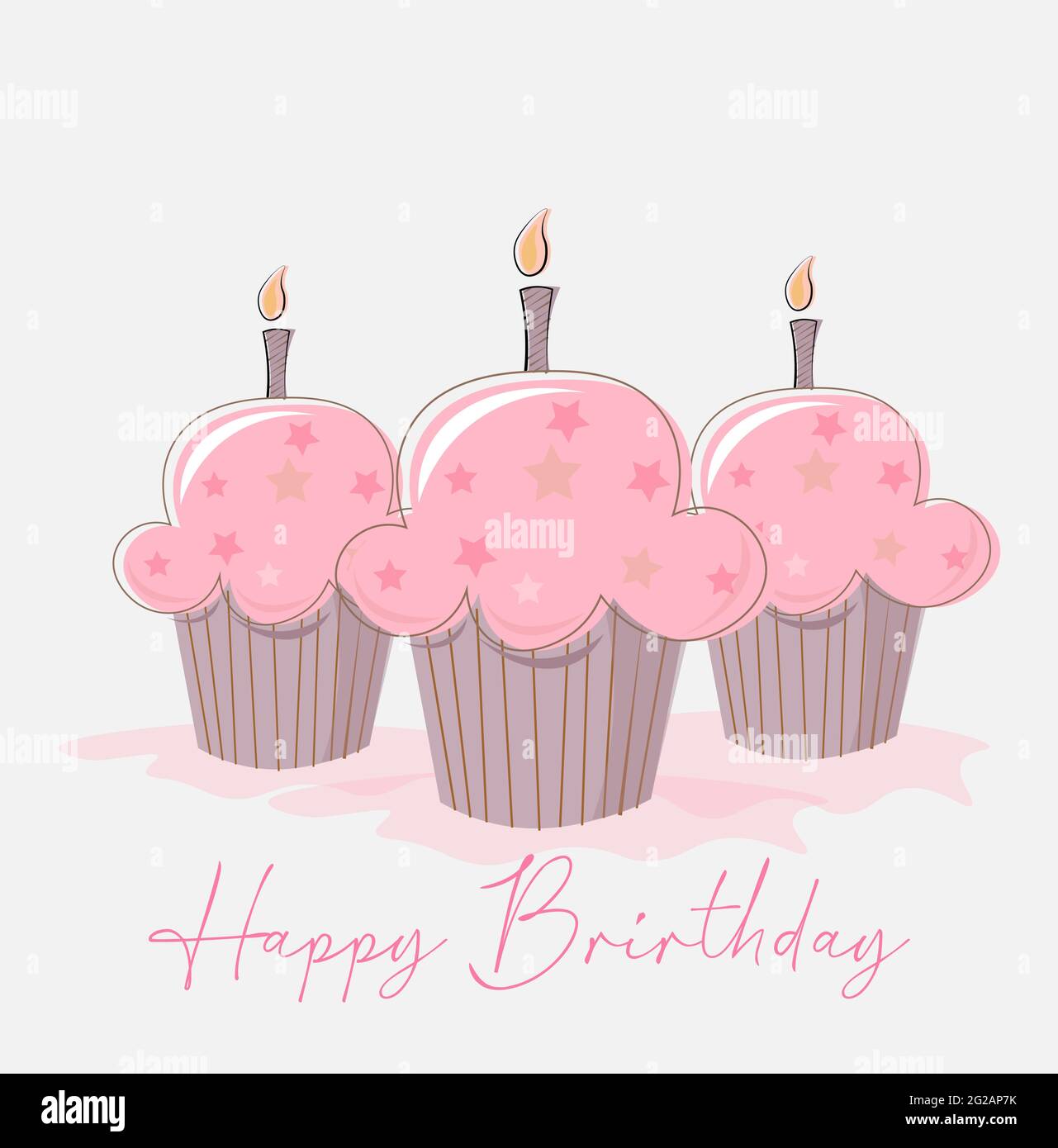 Three Birthday cup cakes with candles and Happy Birthday Text Vector ...