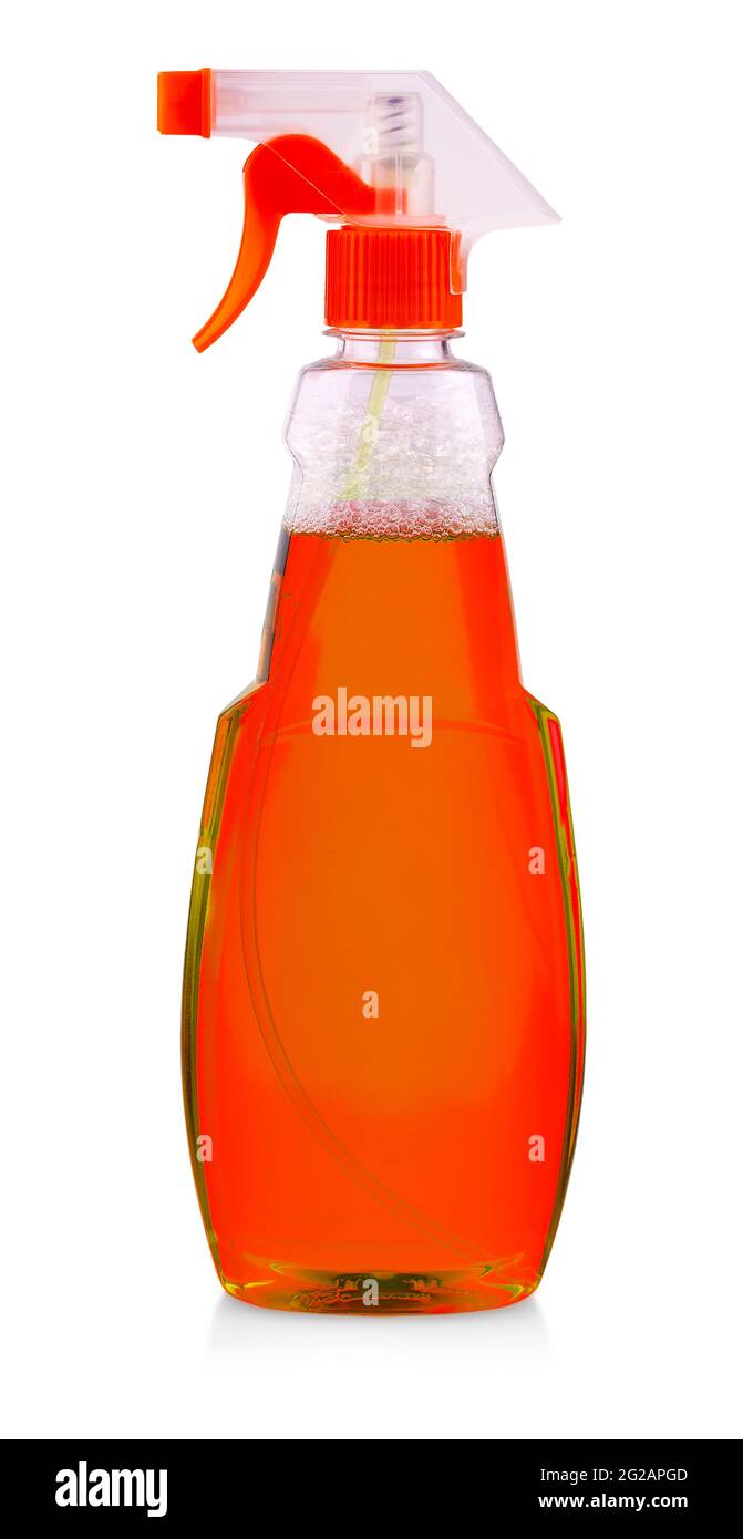 Red spray bottle with liquid isolated on white background Stock Photo ...