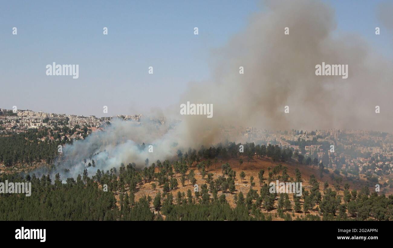 Smoke engulfs Ramot forest on June 09, 2021 in Jerusalem, Israel. A ...