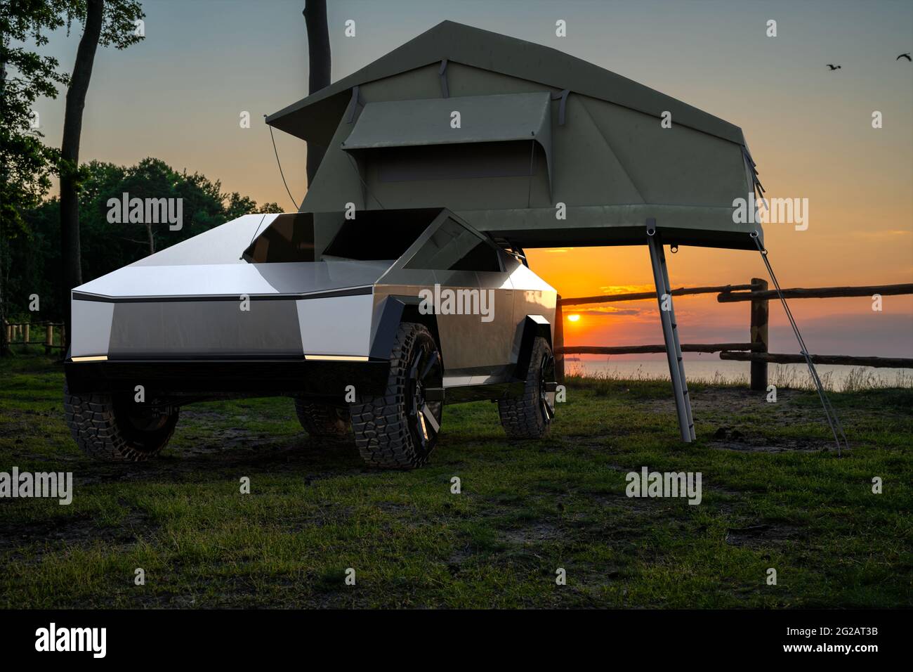 Tesla Cybertruck with a tent at a forest camp Stock Photo - Alamy