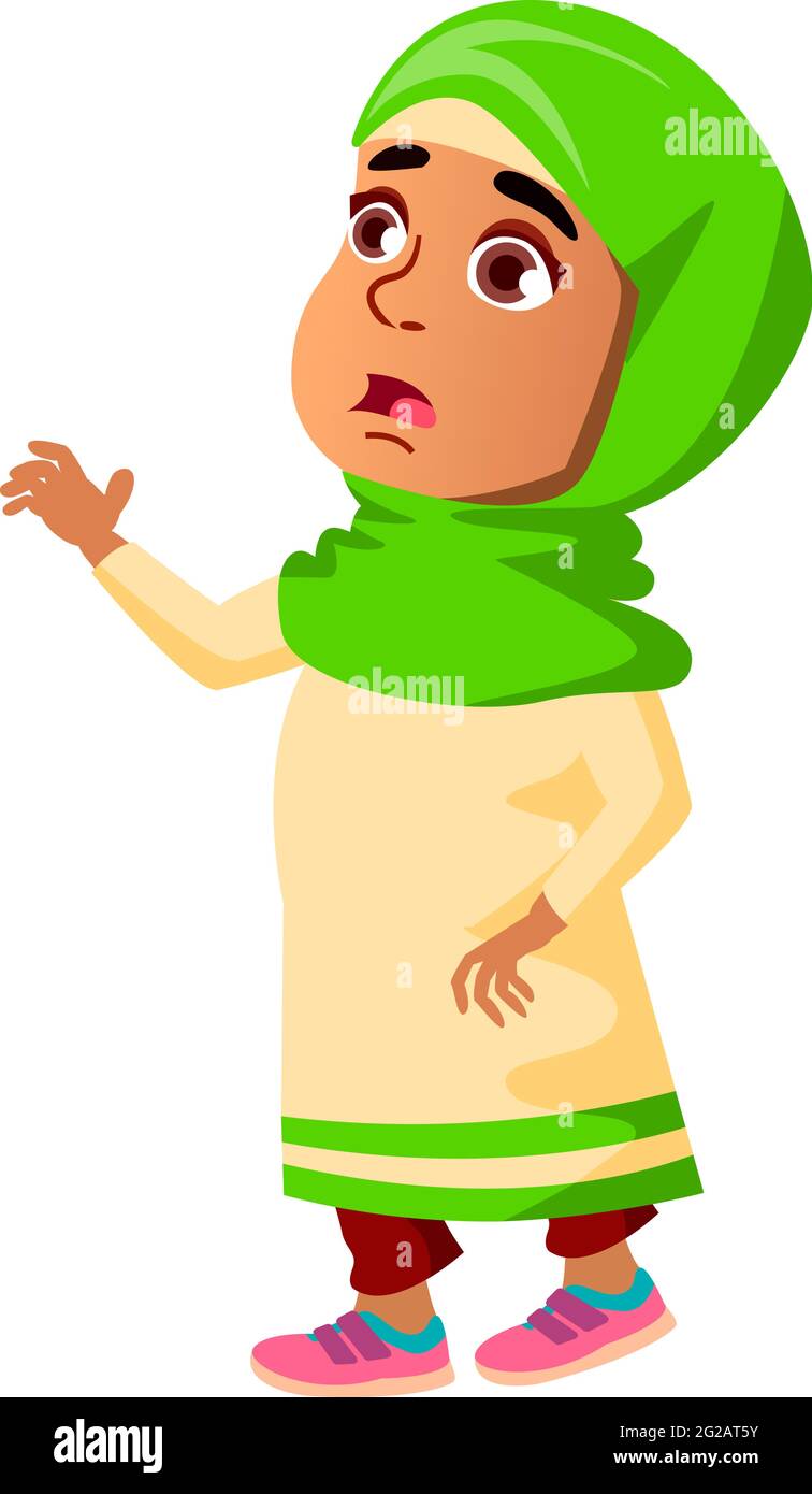 frightened arab girl child forgot toy in kindergarten cartoon vector ...