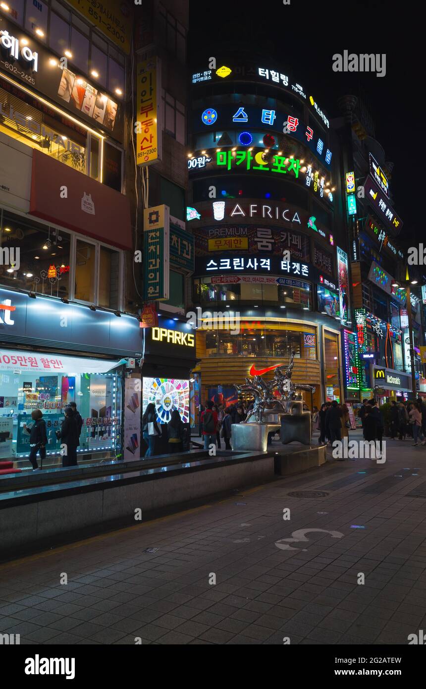 Busan, South Korea - March 23, 2018: Night street view with colorful ...