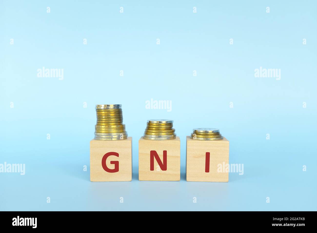 GNI or gross national income letters in wooden blocks with decreasing ...