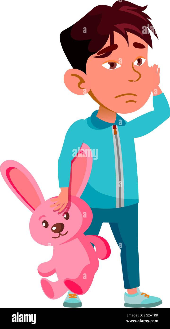 sleepy boy kid with rabbit toy at home cartoon vector Stock Vector ...