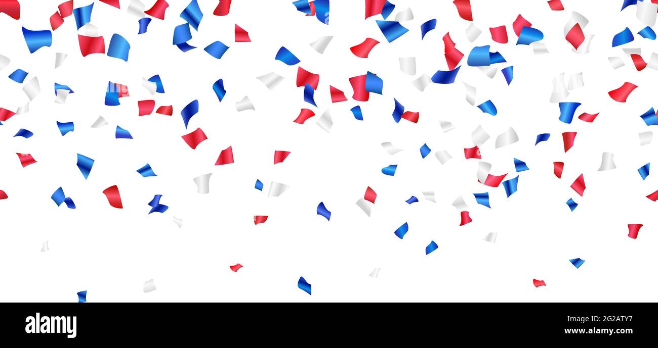 Red, white, blue glossy confetti flying on white. Flying tinsel sparkles, gradient foil confetti ...