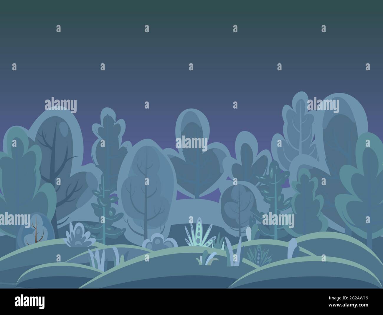 Flat forest. Night landscape with trees.Hills. Illustration in a simple ...