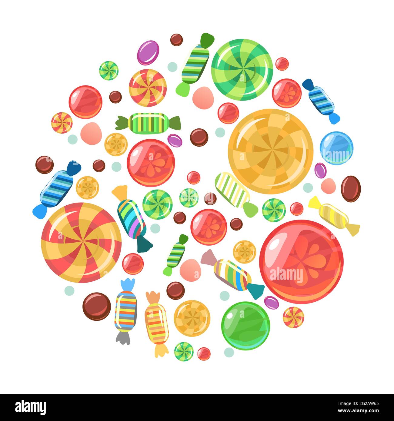 Sweets round. Assorted dessert. Candy caramel. Lollipops. Flat ...