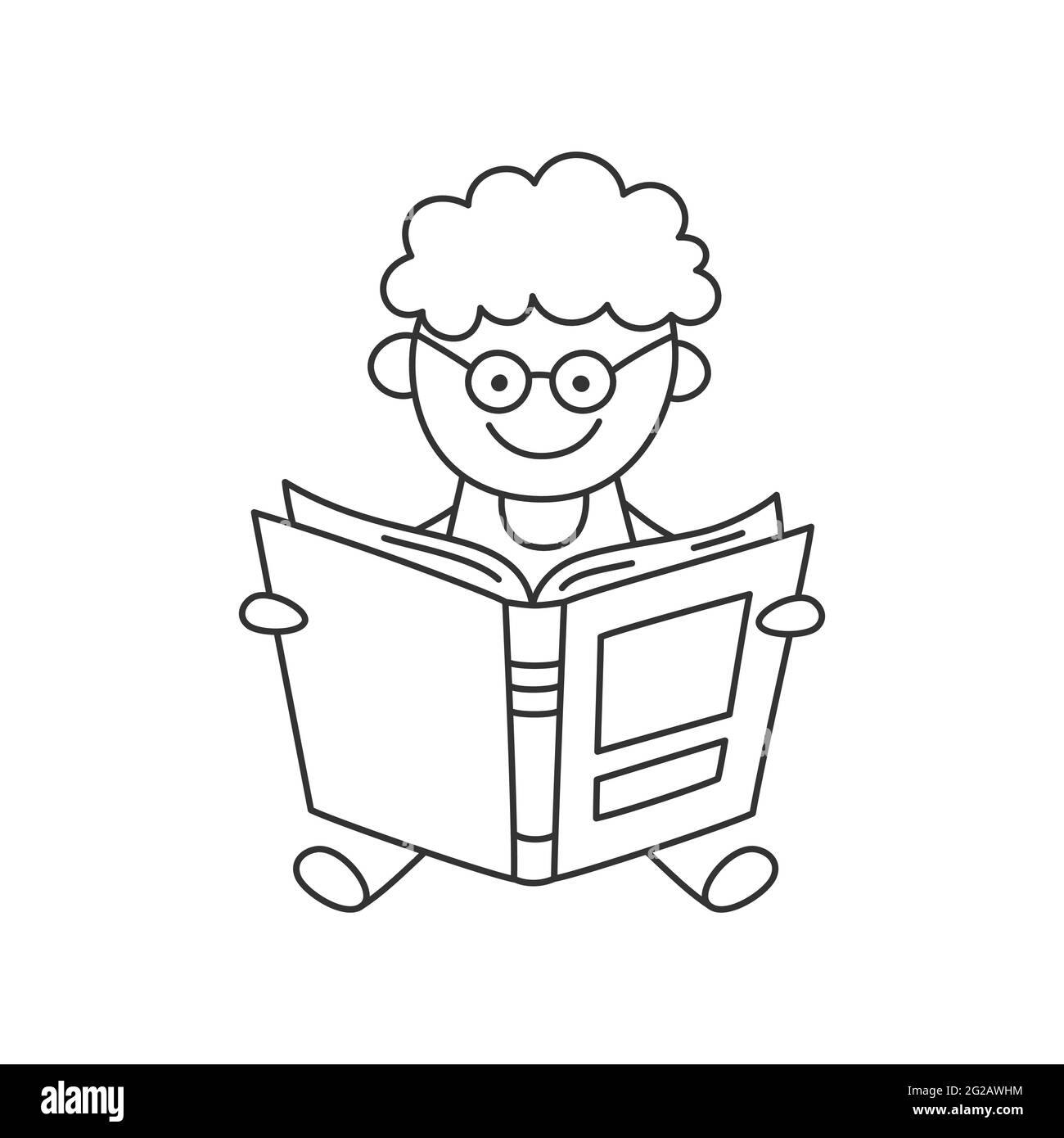 Hand drawn small kid holding open book and reading. Child education ...