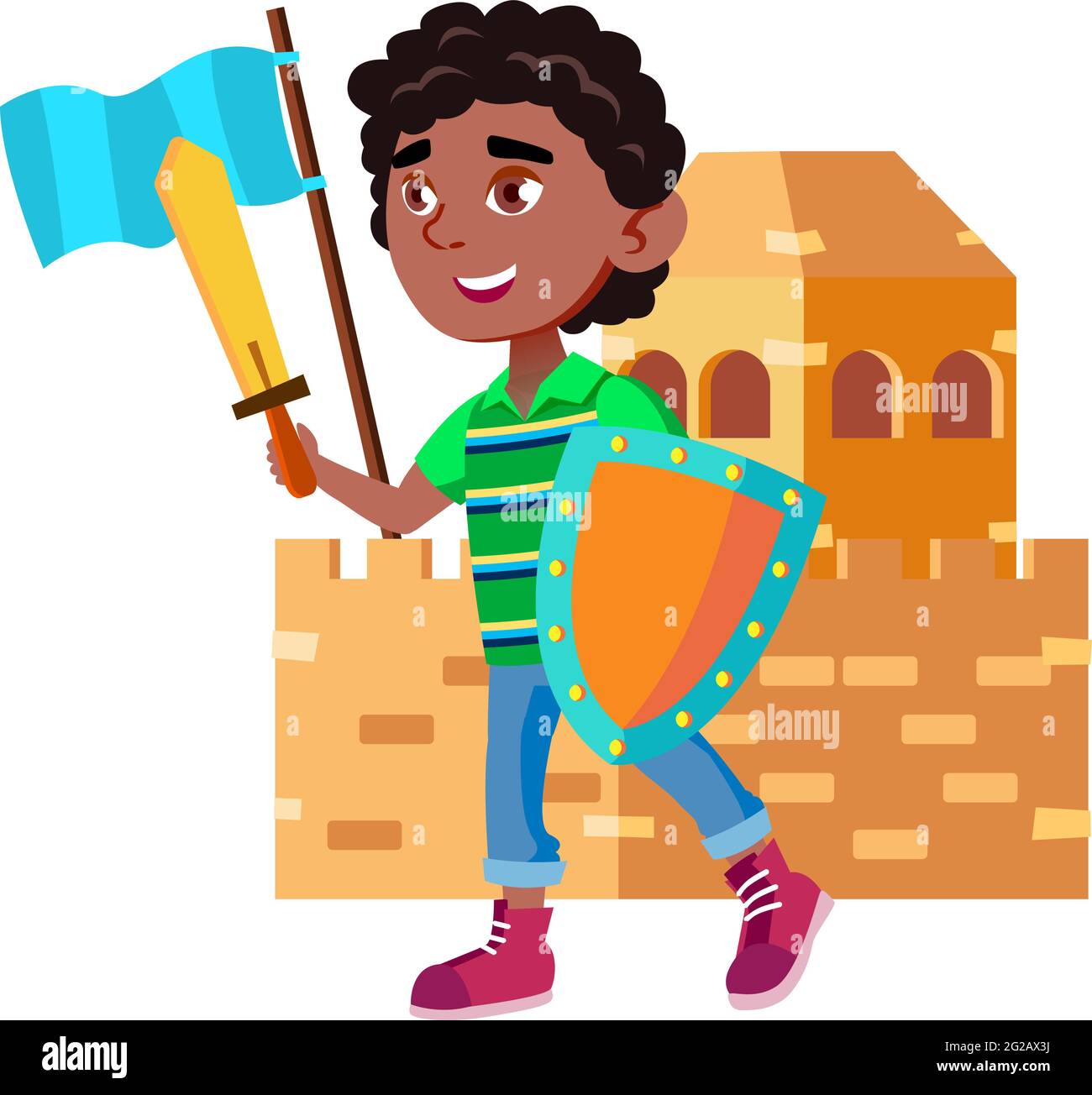 heroic boy playing knight game with friends cartoon vector Stock Vector ...