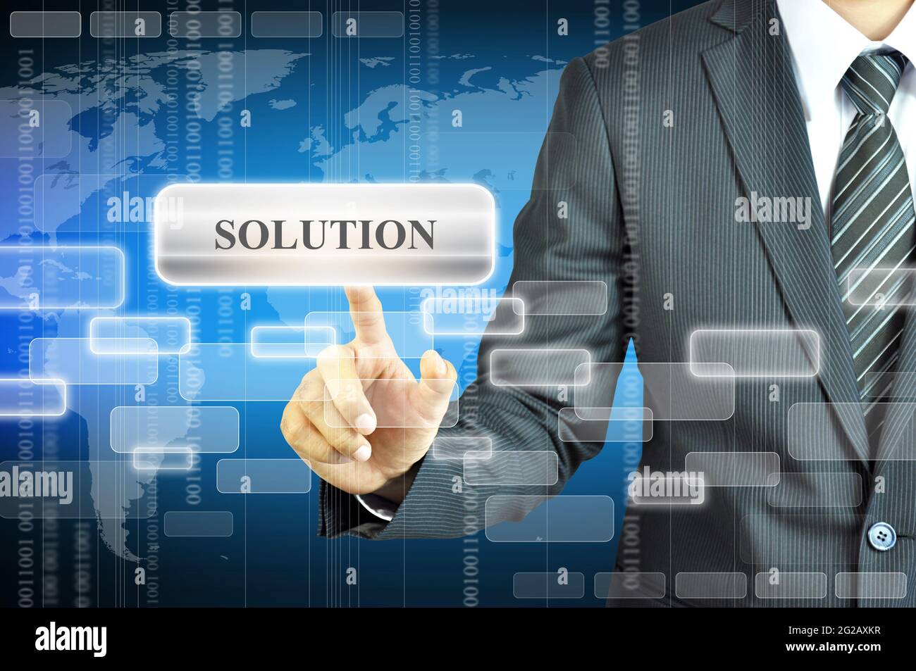 Businessman touching SOLUTION sign Stock Photo - Alamy