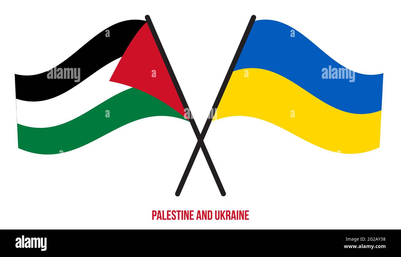 Palestine and Ukraine Flags Crossed And Waving Flat Style. Official ...