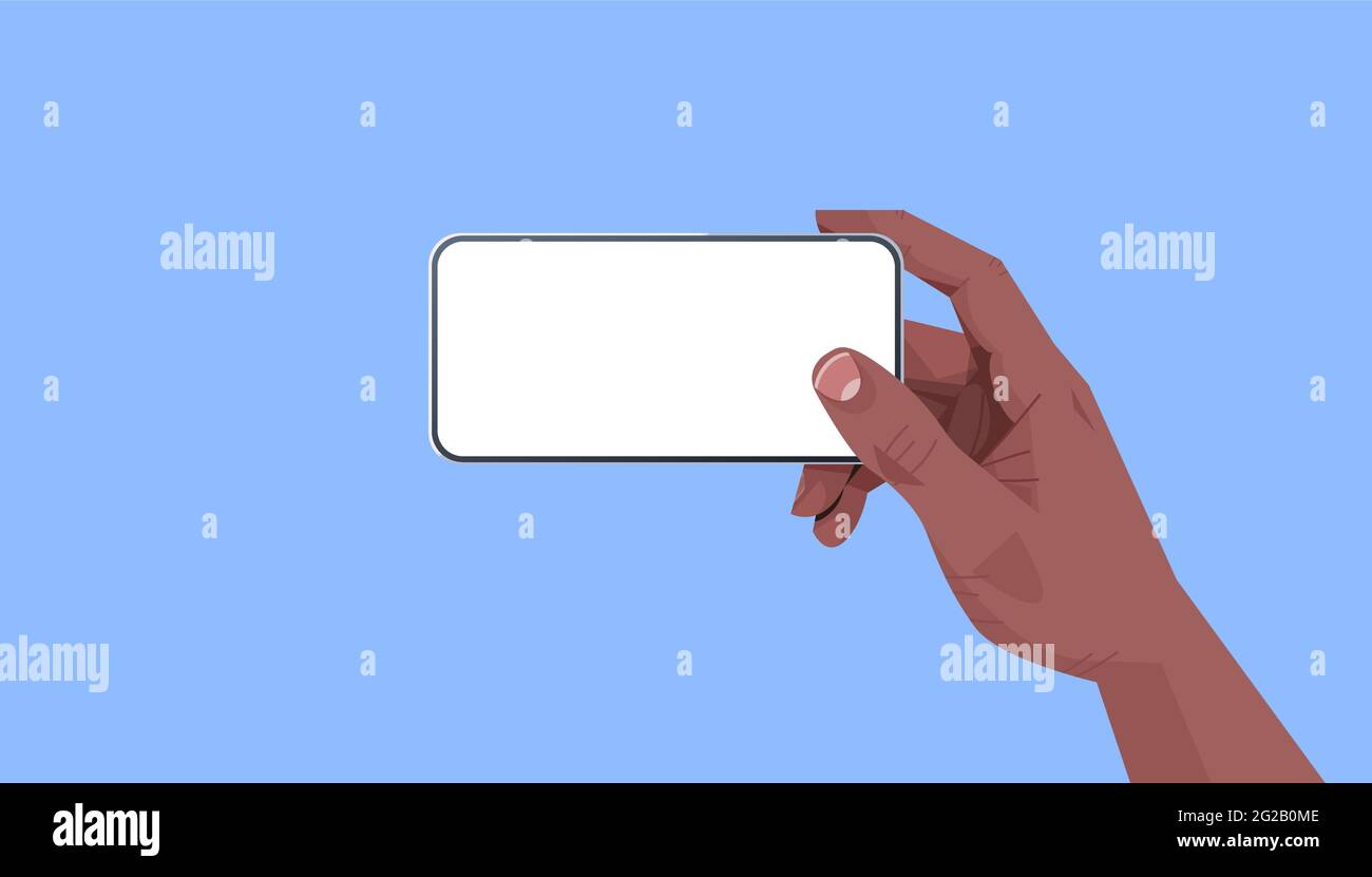 african american human hand holding smartphone with blank touch screen ...