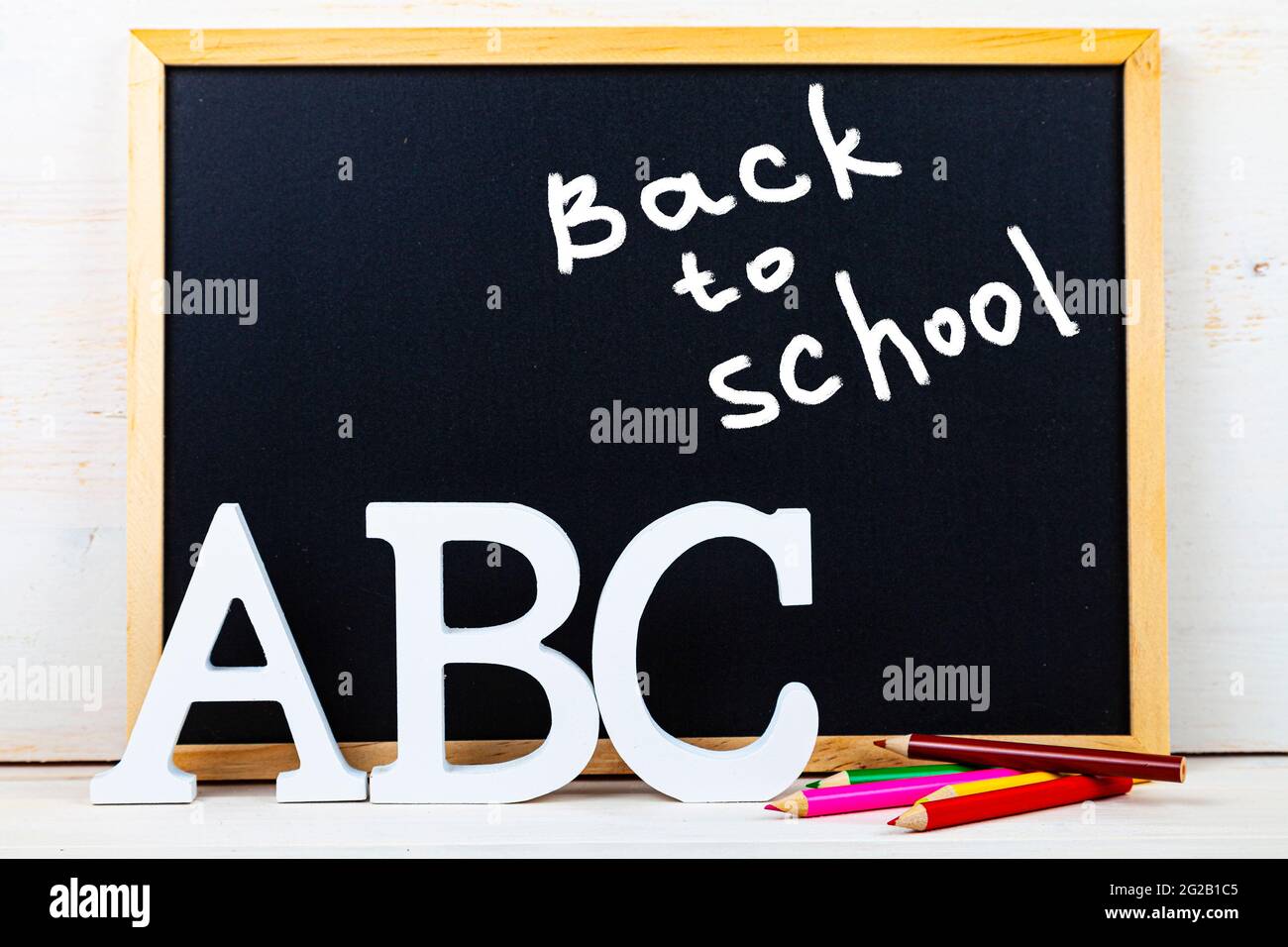Letters ABC and chalk board. Back to school. Stationery Stock Photo - Alamy