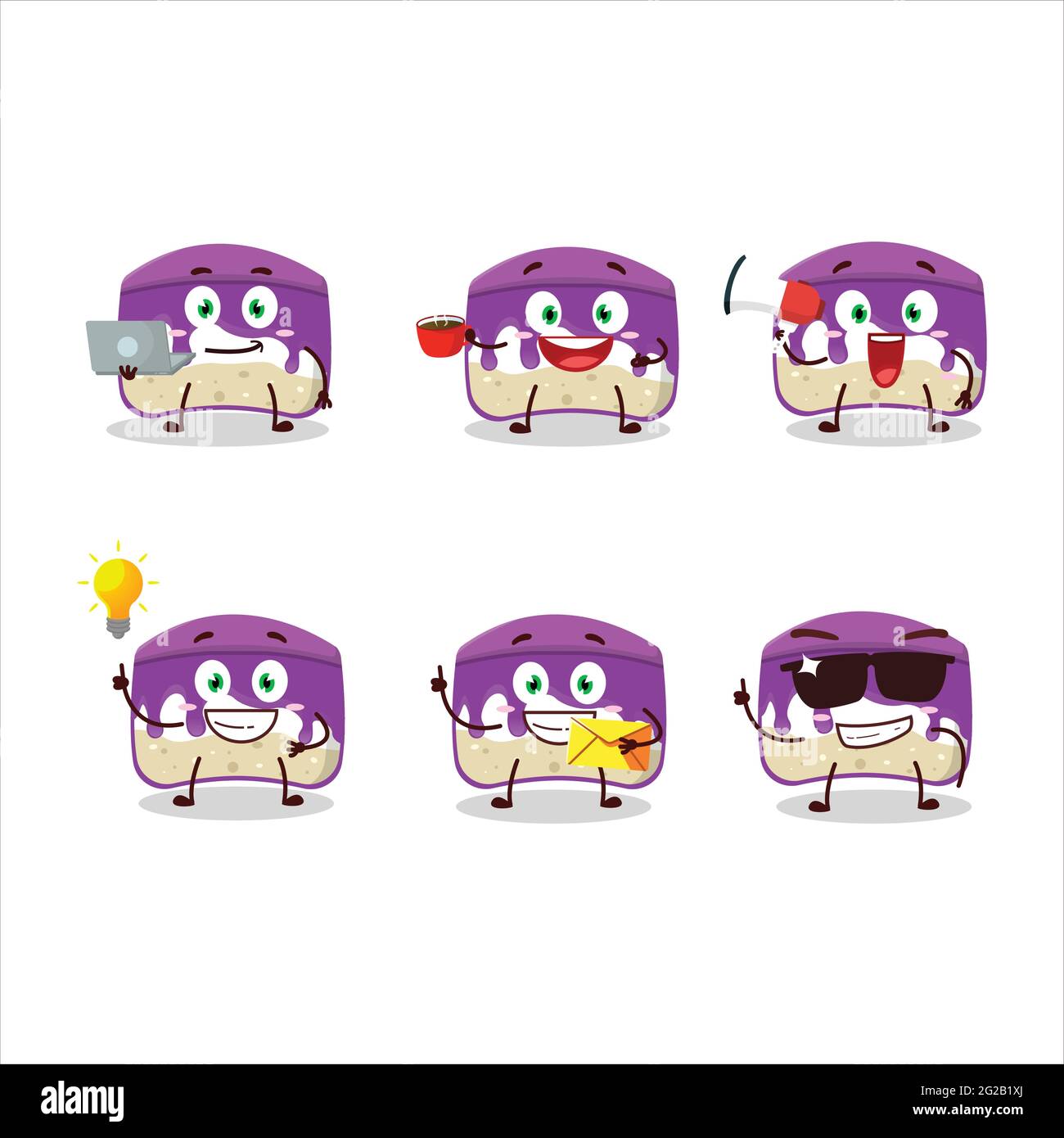 Grapes cake cartoon character with various types of business emoticons ...