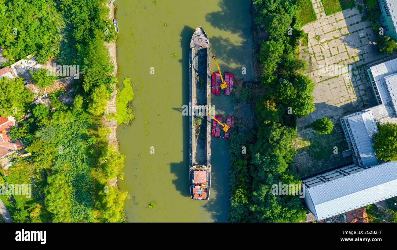 Above top view on two excavators dredge as they dredging, working on ...