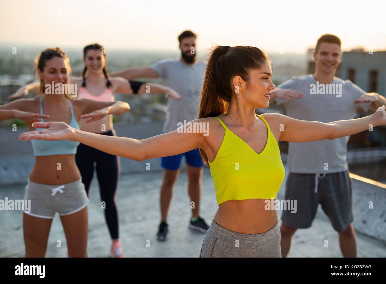 Fitness, sport, friendship and healthy lifestyle concept. Group of ...