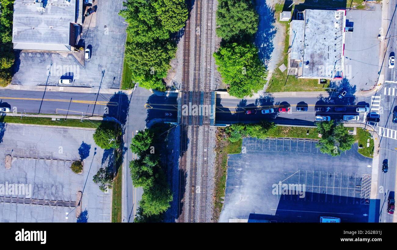 Aerial view of railroad tracks and street in an urban area Stock Photo ...