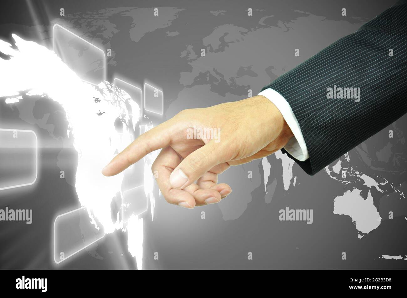 Businessman hand touching world map Stock Photo - Alamy