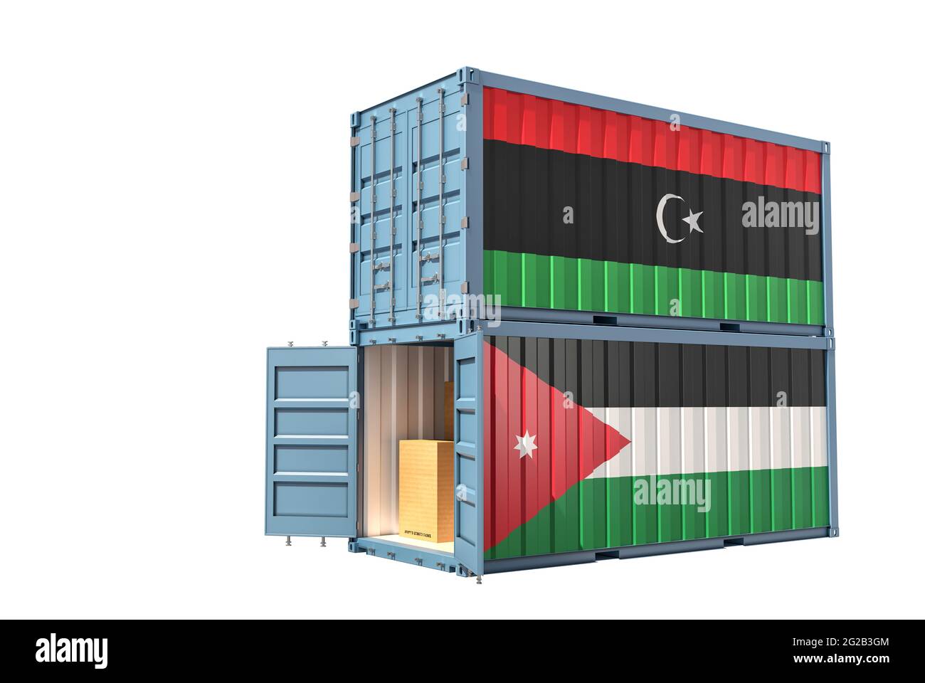 Two freight container with Jordan and Libya national flags. Isolated on ...
