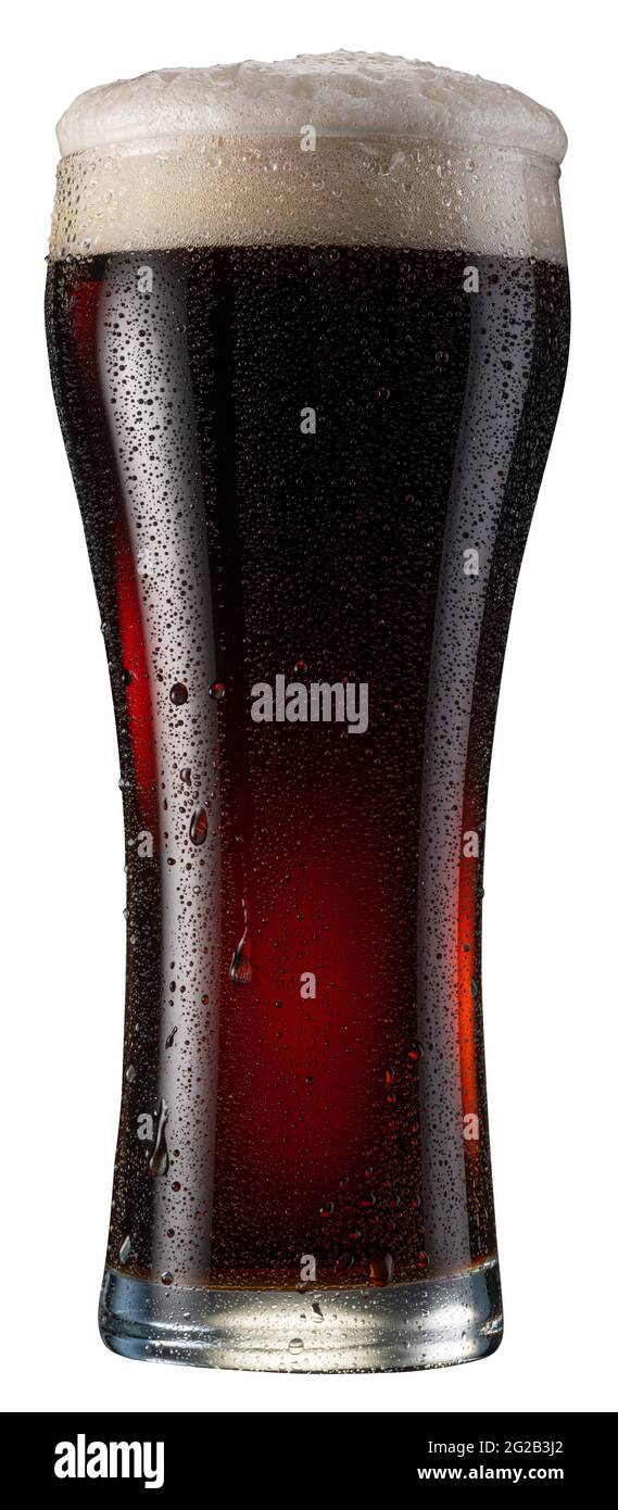 Glass of malt dark beer a large head of beer foam isolated on white ...
