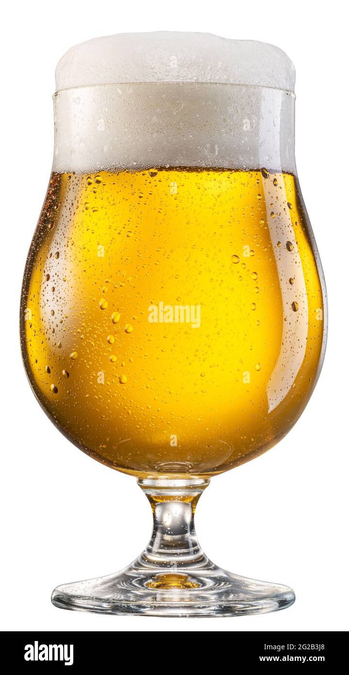 Glass of pale lager beer with a large head of beer foam isolated on ...
