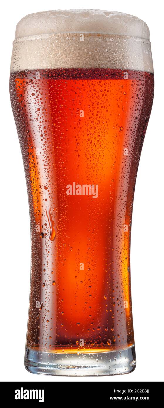 Glass of amber ale or red beer with water drops on cold glass surface ...