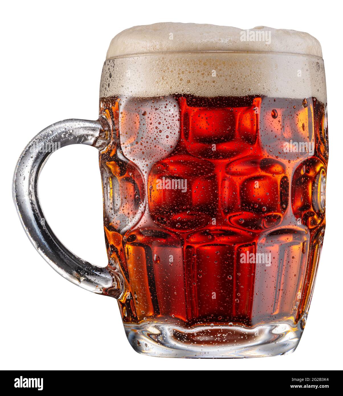 Mug of malt red beer a large head of beer foam isolated on white ...