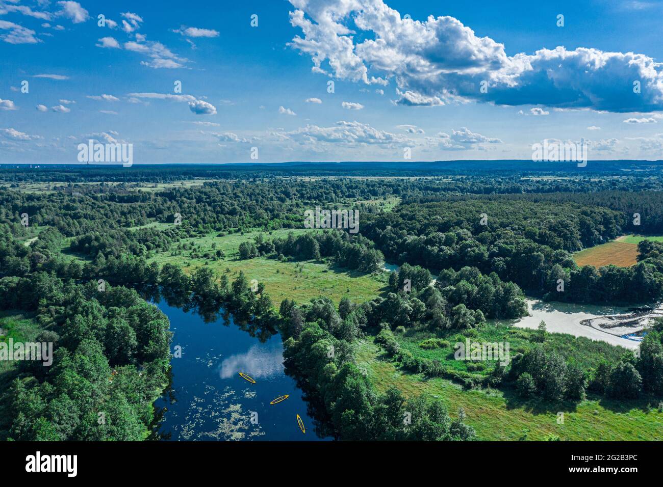 Canoes on the calm river. Top view. Beautiful picture of river and ...