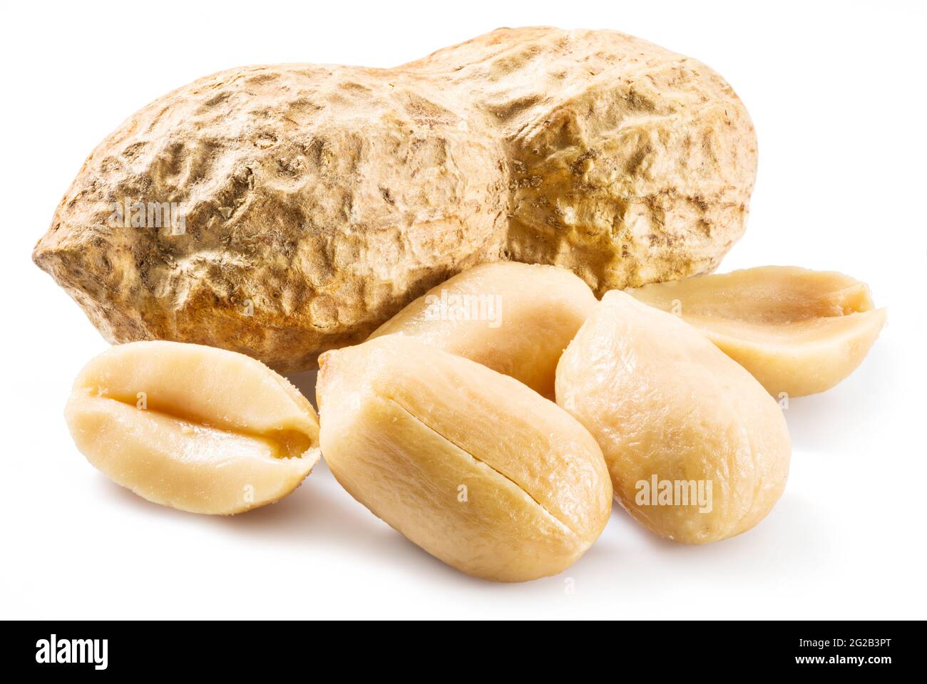 Peeled peanuts and peanut pod isolated on white background. Close-up ...