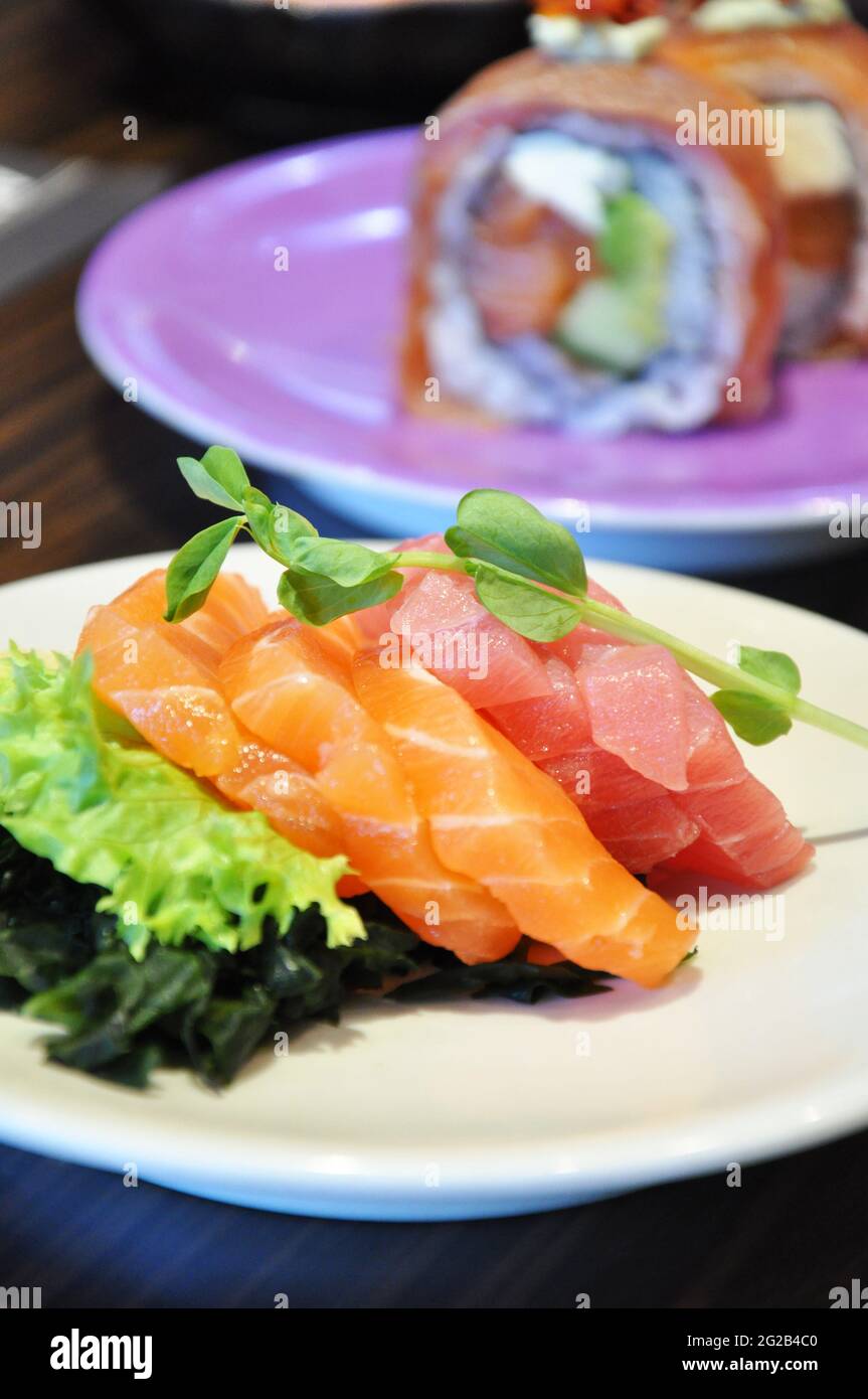 Sashimi (raw fish) with vegetables - Japanese food Stock Photo - Alamy