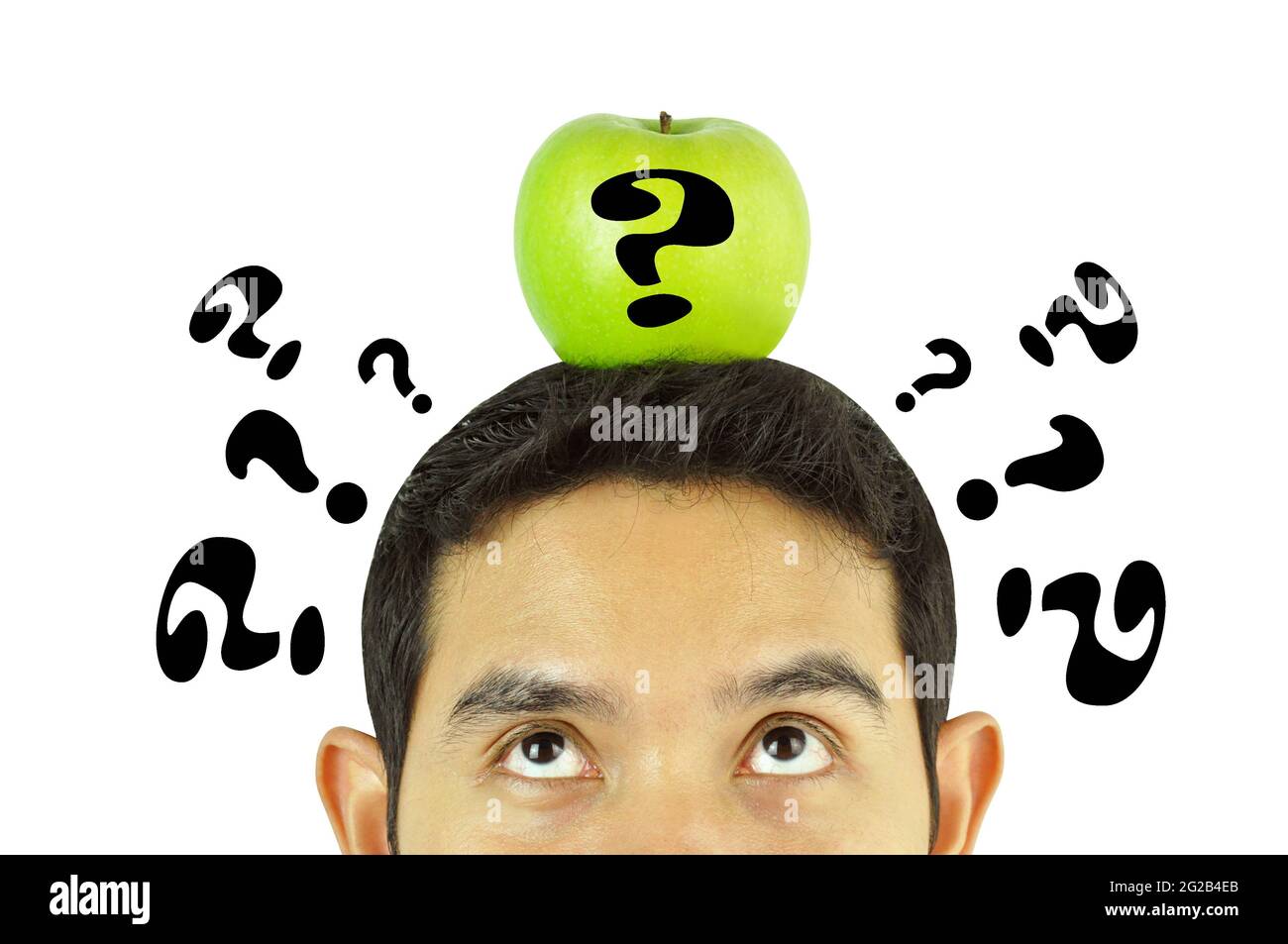 A man thinking with apple on the head Stock Photo - Alamy