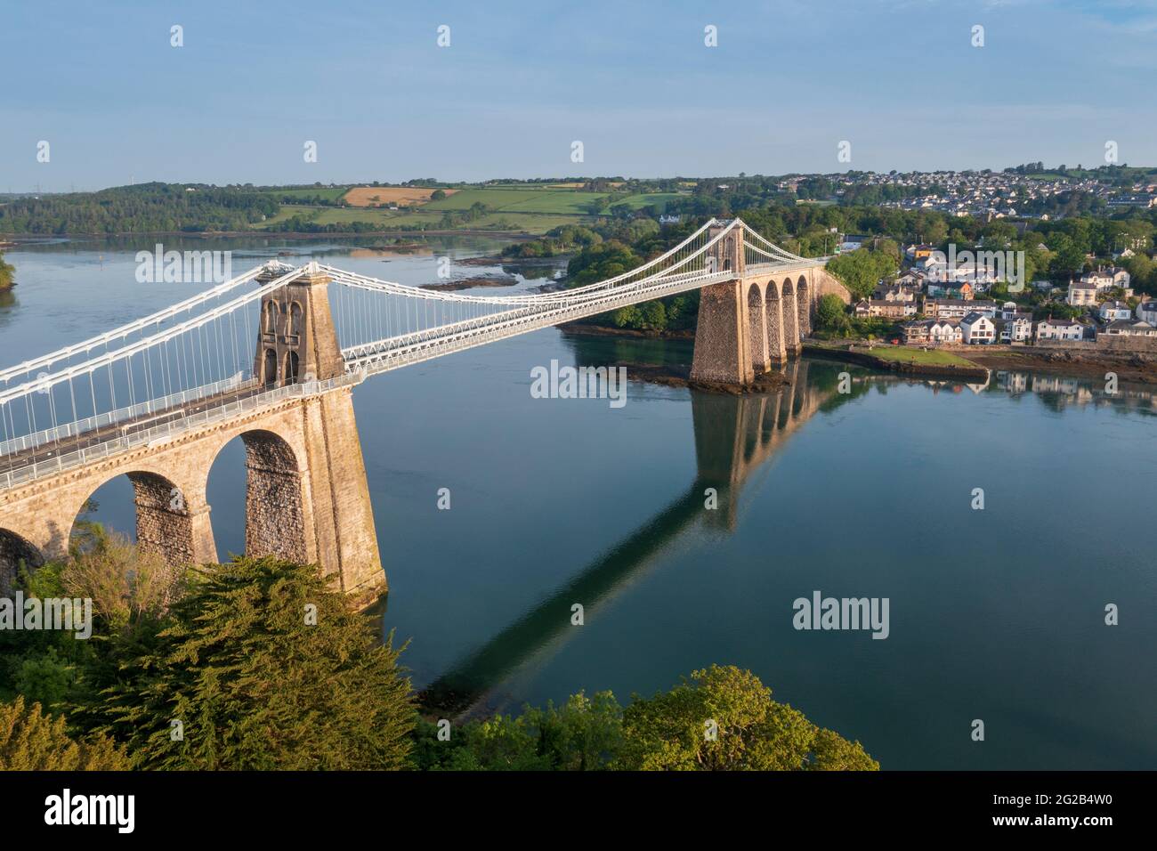 Aerial view of suspension Menai Bridge over Menai Straits, Anglesey ...