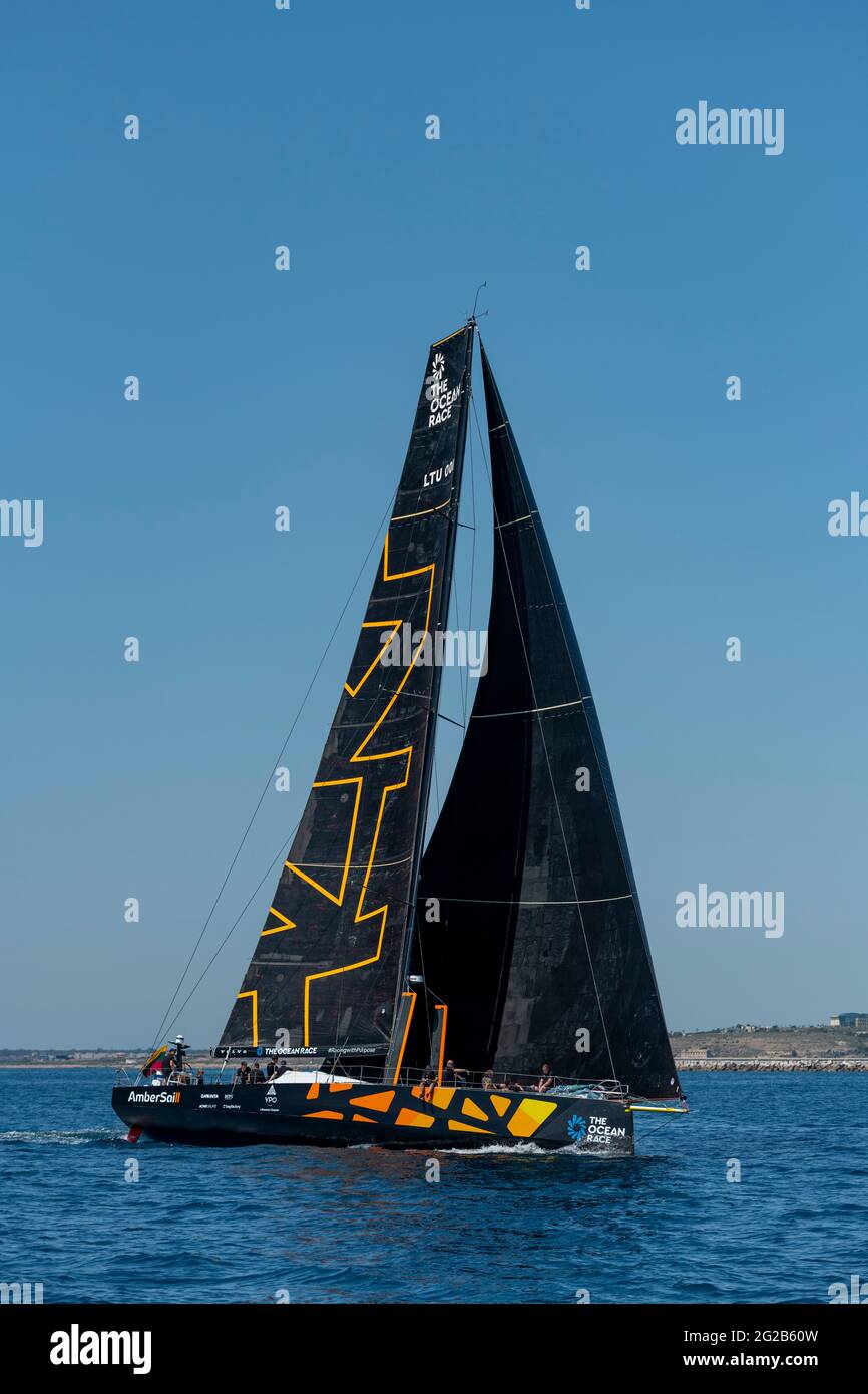 ALICANTE, SPAIN - JUNE 2021: The Ambersail-2 team ship arrives at the ...