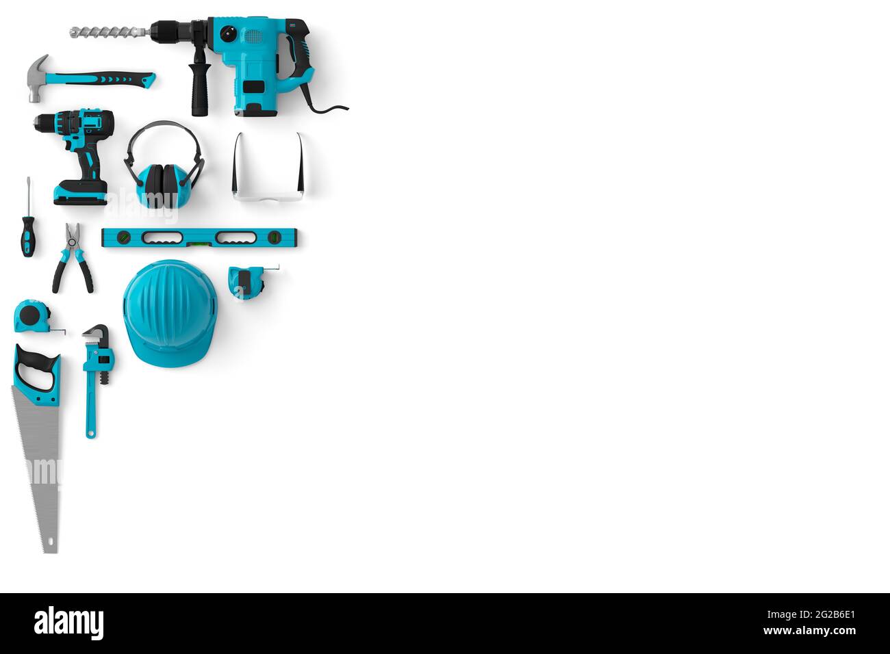 Top view of green construction tools for repair and installation on ...