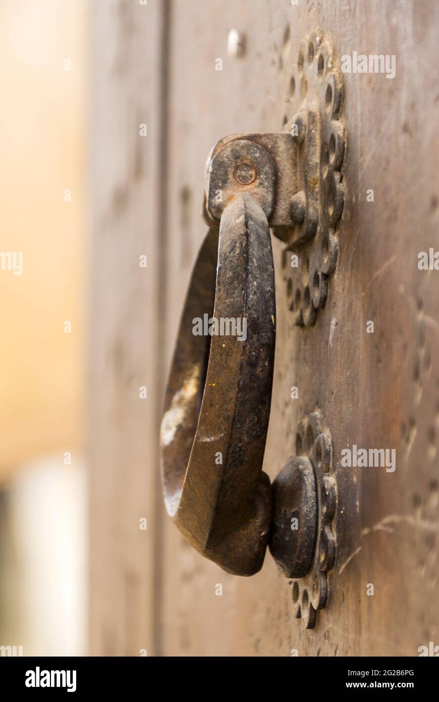 Metal ornament on the front door of the house, elegant and rustic ...