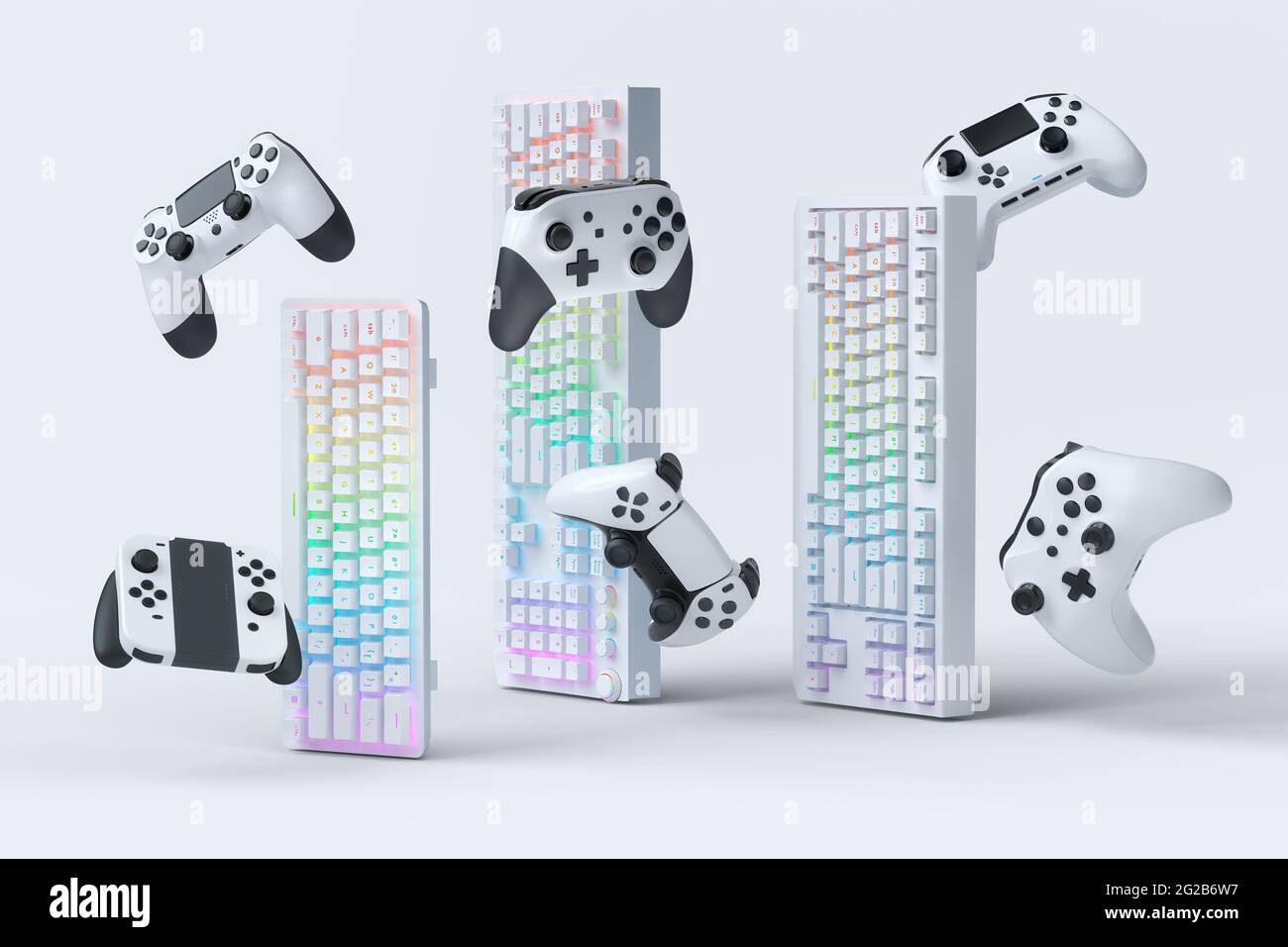 Set of flying gamer joysticks and keyboards on white background with ...