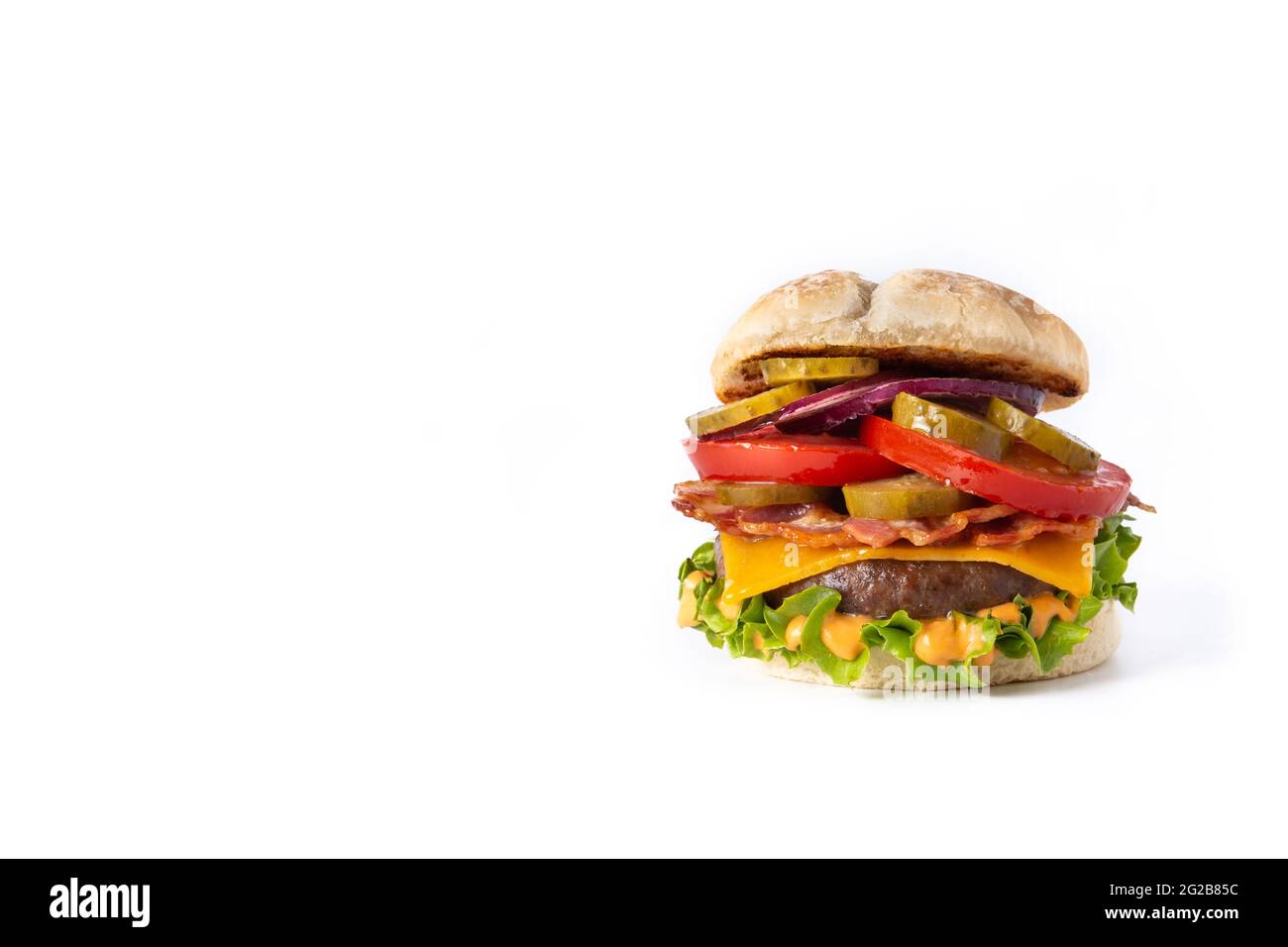 Beef burger with bacon isolated on white background Stock Photo - Alamy