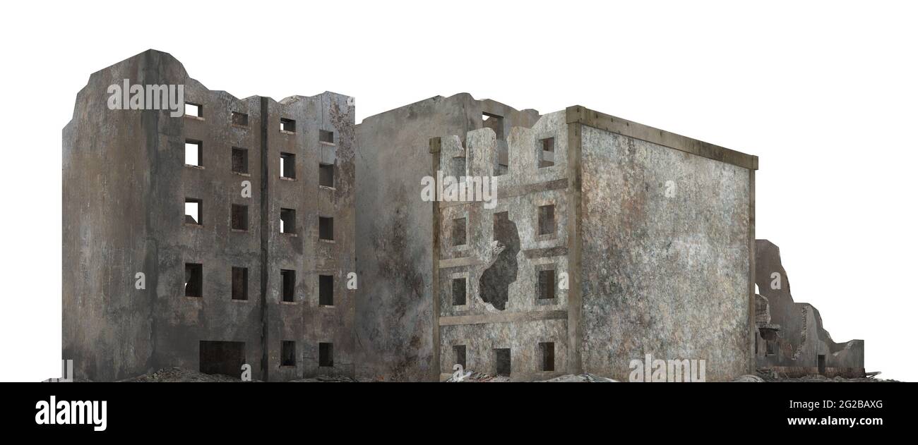 3D illustration ruined city building isolated on white Stock Photo - Alamy