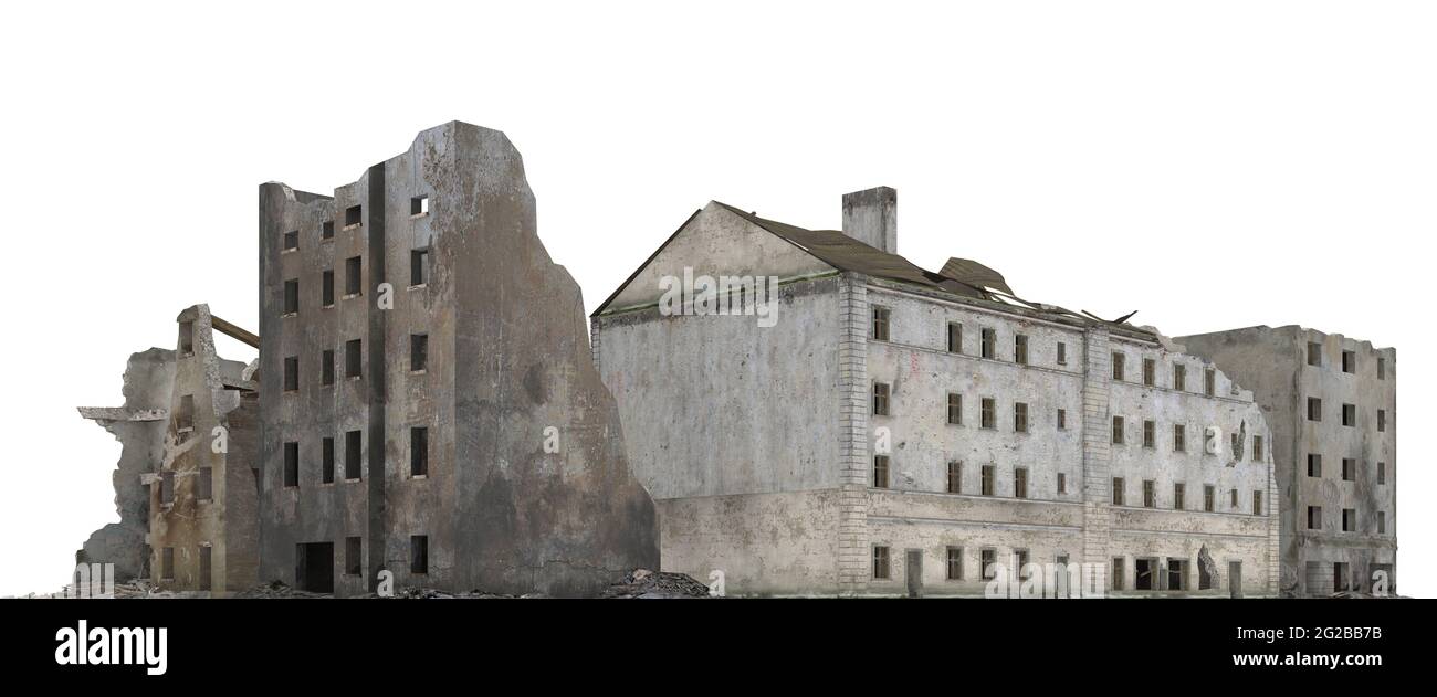 3D illustration ruined city building isolated on white Stock Photo - Alamy